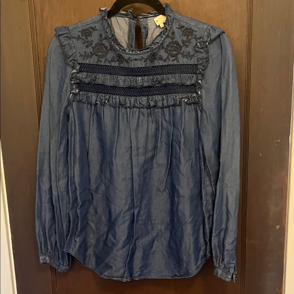 kate spade | Tops | Kate Spade Denim Blue Blouse With Black Detailing ...